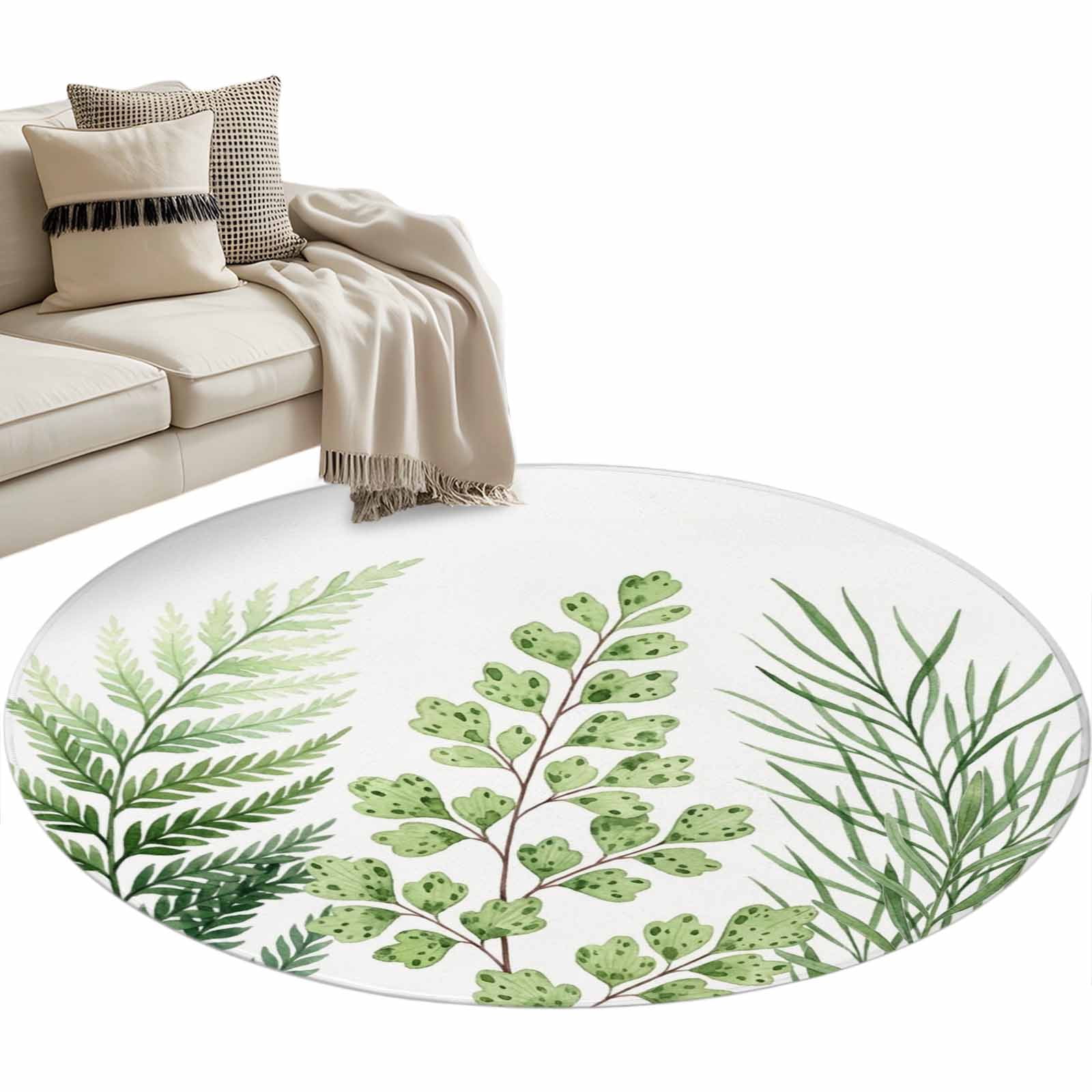 Country Ferns Round Rug 3.3Ft Green Gradient Watercolor Leaves ...