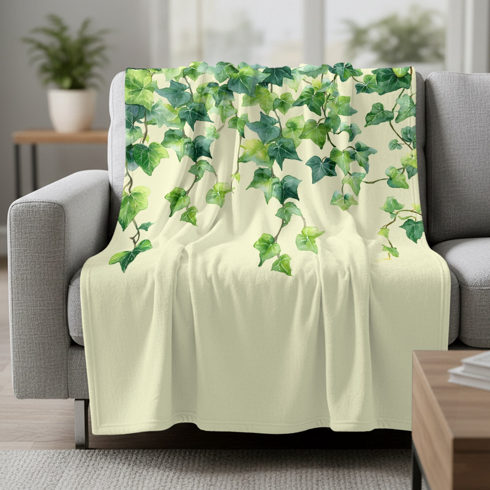 Country Fleece Throw Blanket Watercolor Gradient Green Leaves Yellow ...