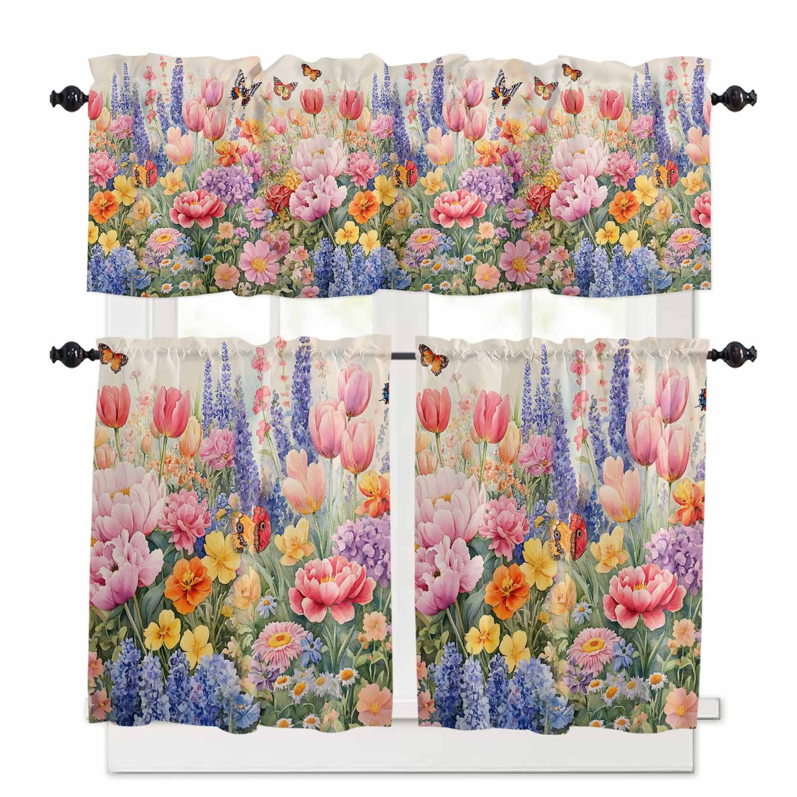 Country Floral Art Kitchen Curtains Valance and Tier Set Watercolor ...