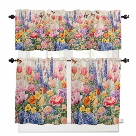 Country Floral Art Kitchen Curtains Valance and Tier Set Watercolor ...
