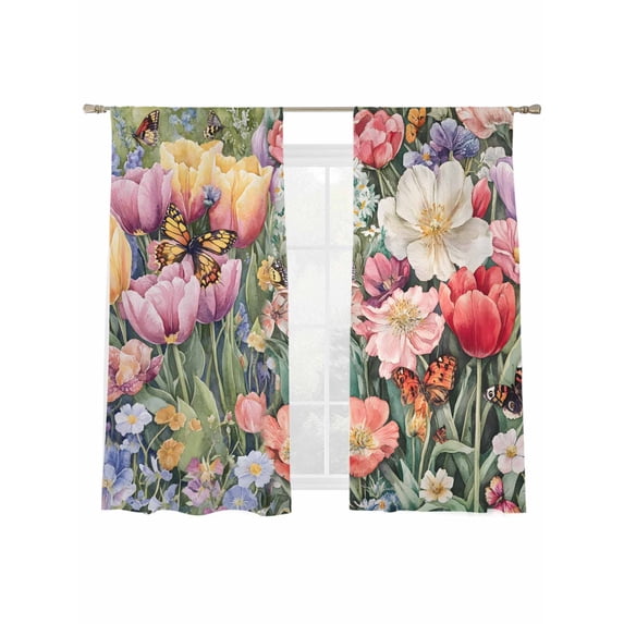 Country Floral Art Sheer Curtains 2 Panels Set Watercolor Colorful ...