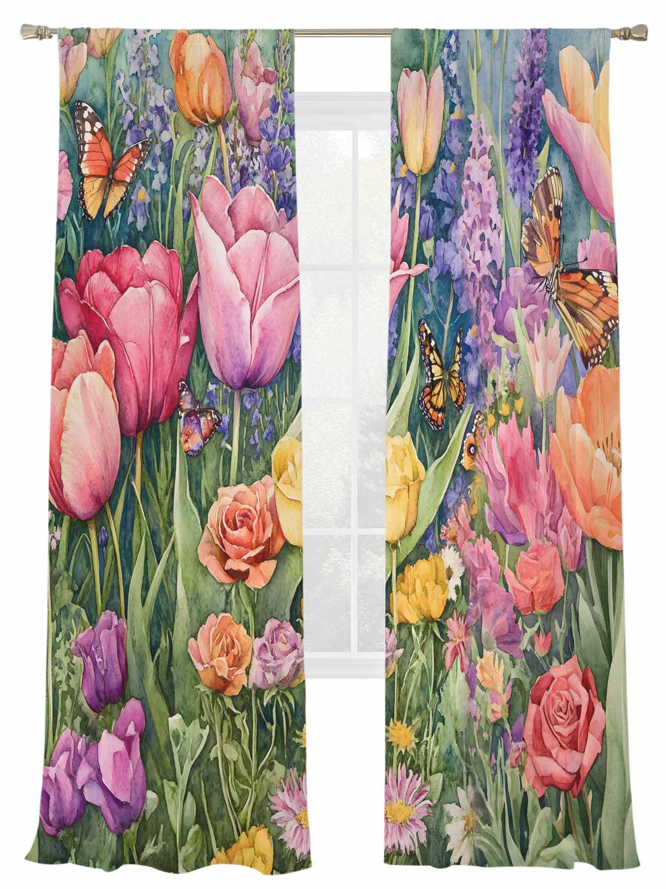 Country Floral Art Sheer Curtains 2 Panels Set Watercolor Colorful ...