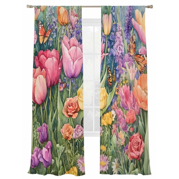 Country Floral Art Sheer Curtains 2 Panels Set Watercolor Colorful ...