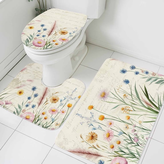 Country Floral Bathroom Rugs Set Pastoral Wild Flowers Plant Retro Text ...