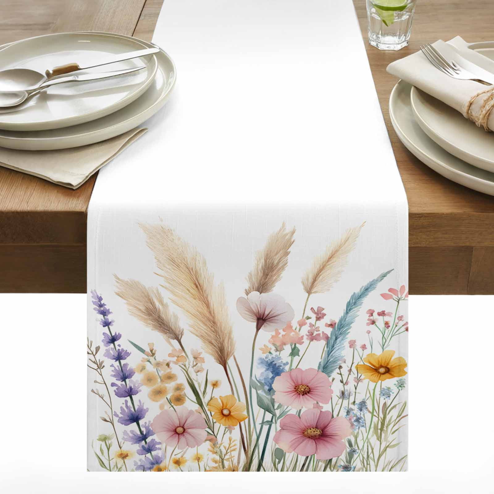 Country Floral Cotton Linen Table Runner Watercolor Colorful Rustic ...