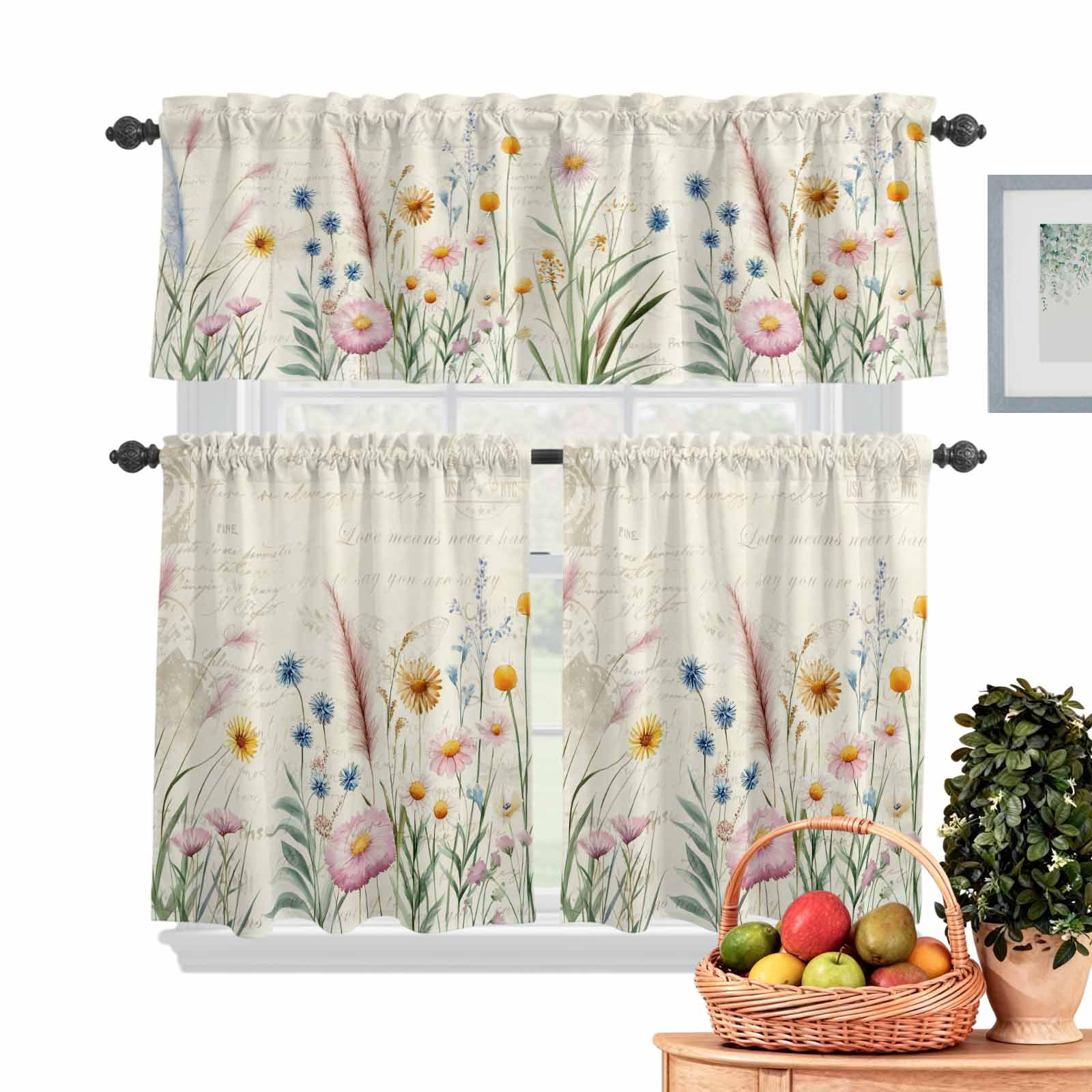 Country Floral Kitchen Curtains Valances 3 Piece Set, Pastoral Wild ...