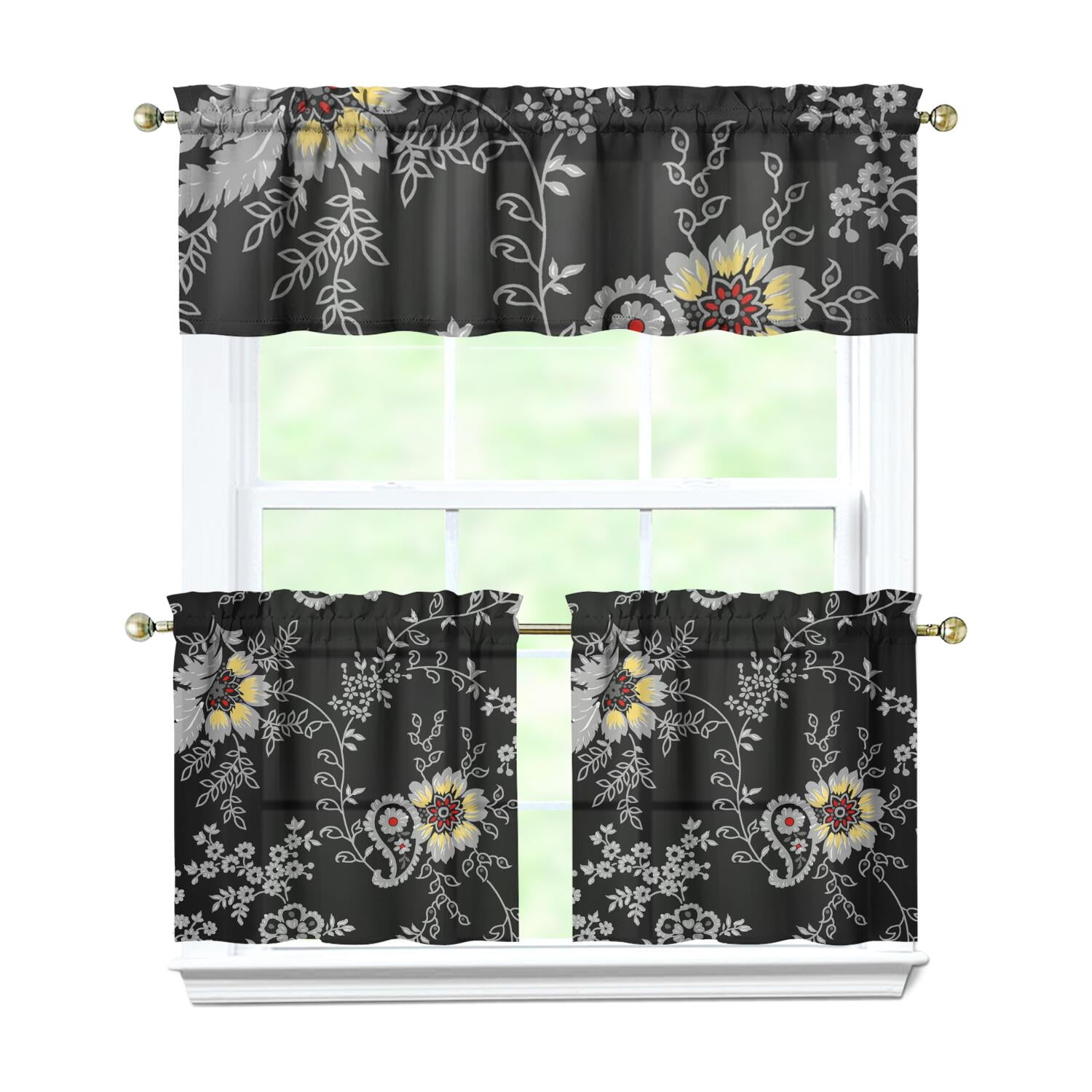 Country Floral Print Curtains 24 Inch - 3 Panel Vintage Farmhouse Set ...