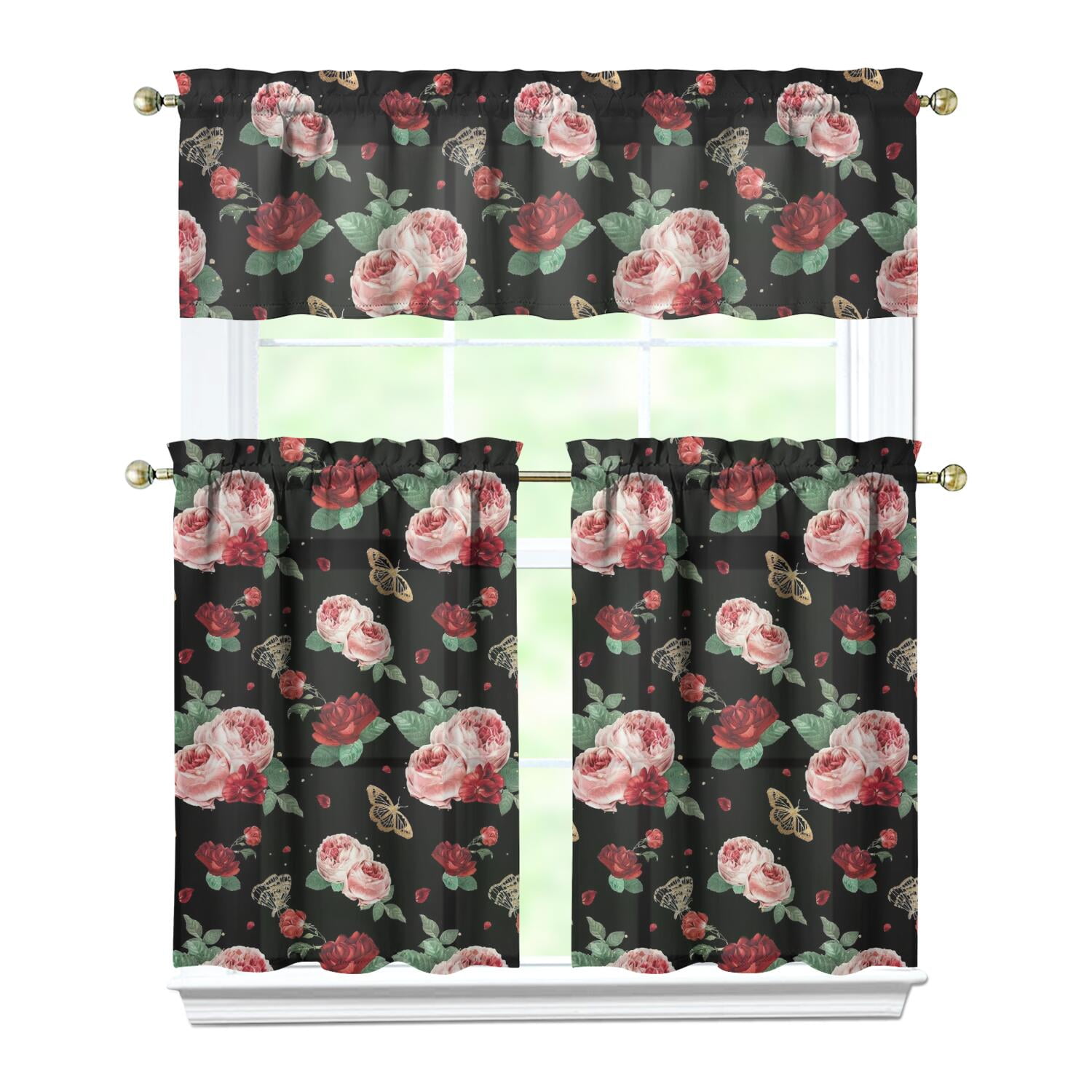 Country Floral Print Curtains 36 Inch Short - 3 Panel Vintage Farmhouse ...