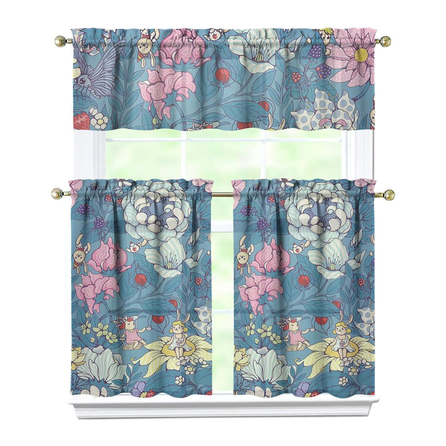 Country Floral Print Curtains 36 Inch Short - 3 Panel Vintage Farmhouse ...