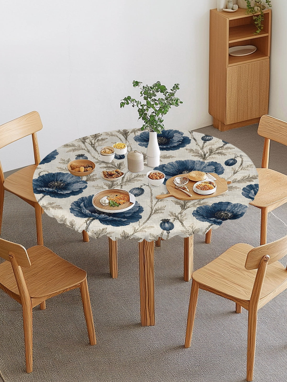 Country Floral Round Fitted Tablecloth with Elastic Edge, Navy Blue ...
