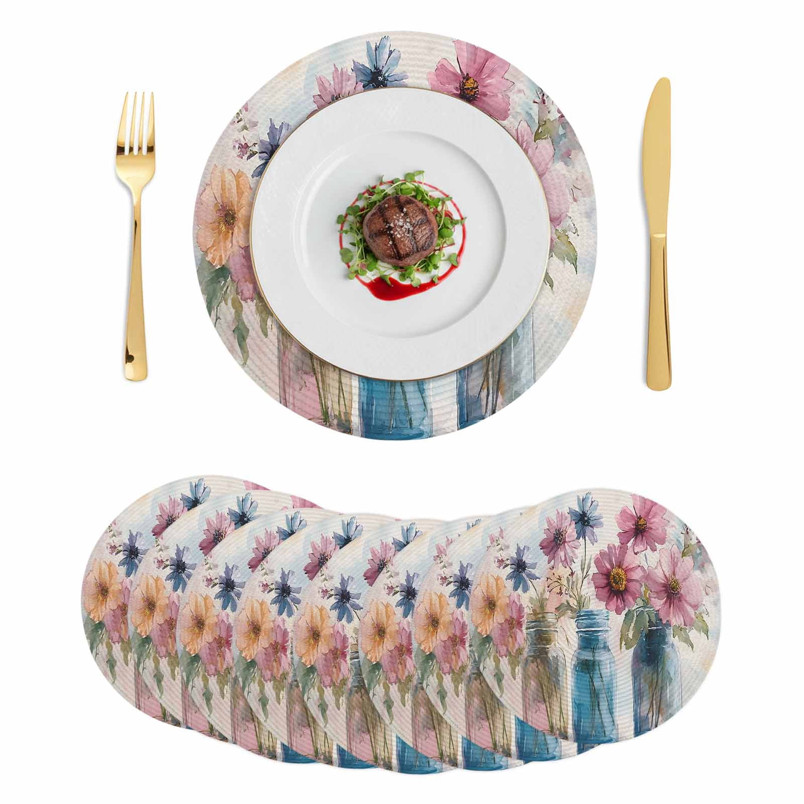 Country Floral Round Placemats Set of 8 Retro Watercolor Spring Flowers ...