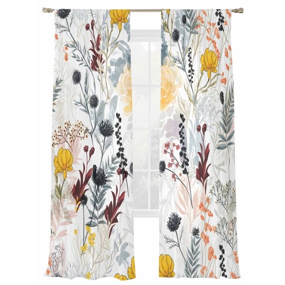 Country Floral Sheer Curtains 2 Panels Set Watercolors Art Wildflowers ...