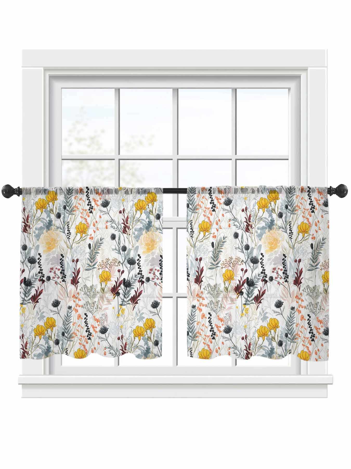 Country Floral Sheer Curtains 54 Inch Long 2 Panels, Watercolors Art ...