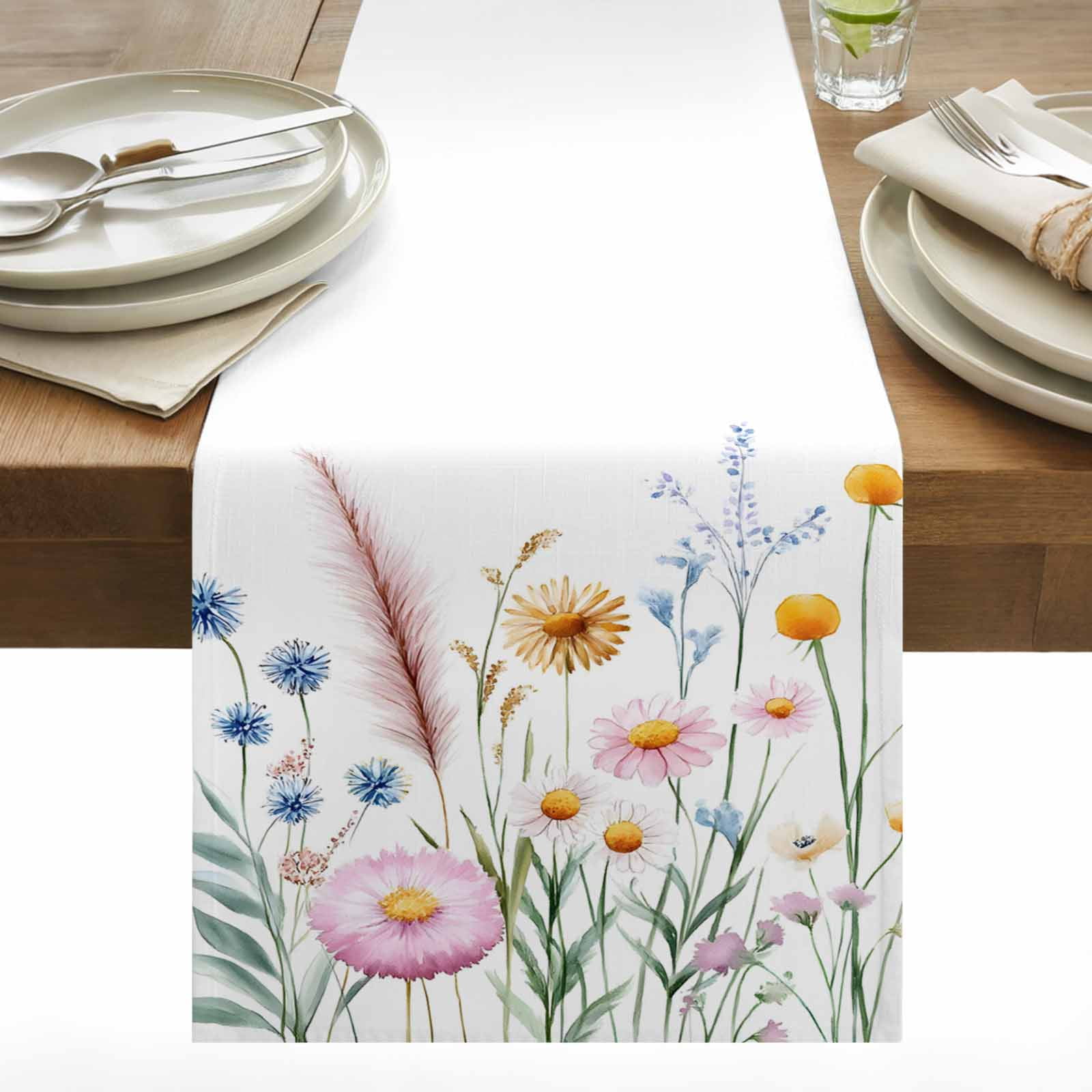 Country Floral Table Runner 13x108 inch Pastoral Wild Flowers Plant ...