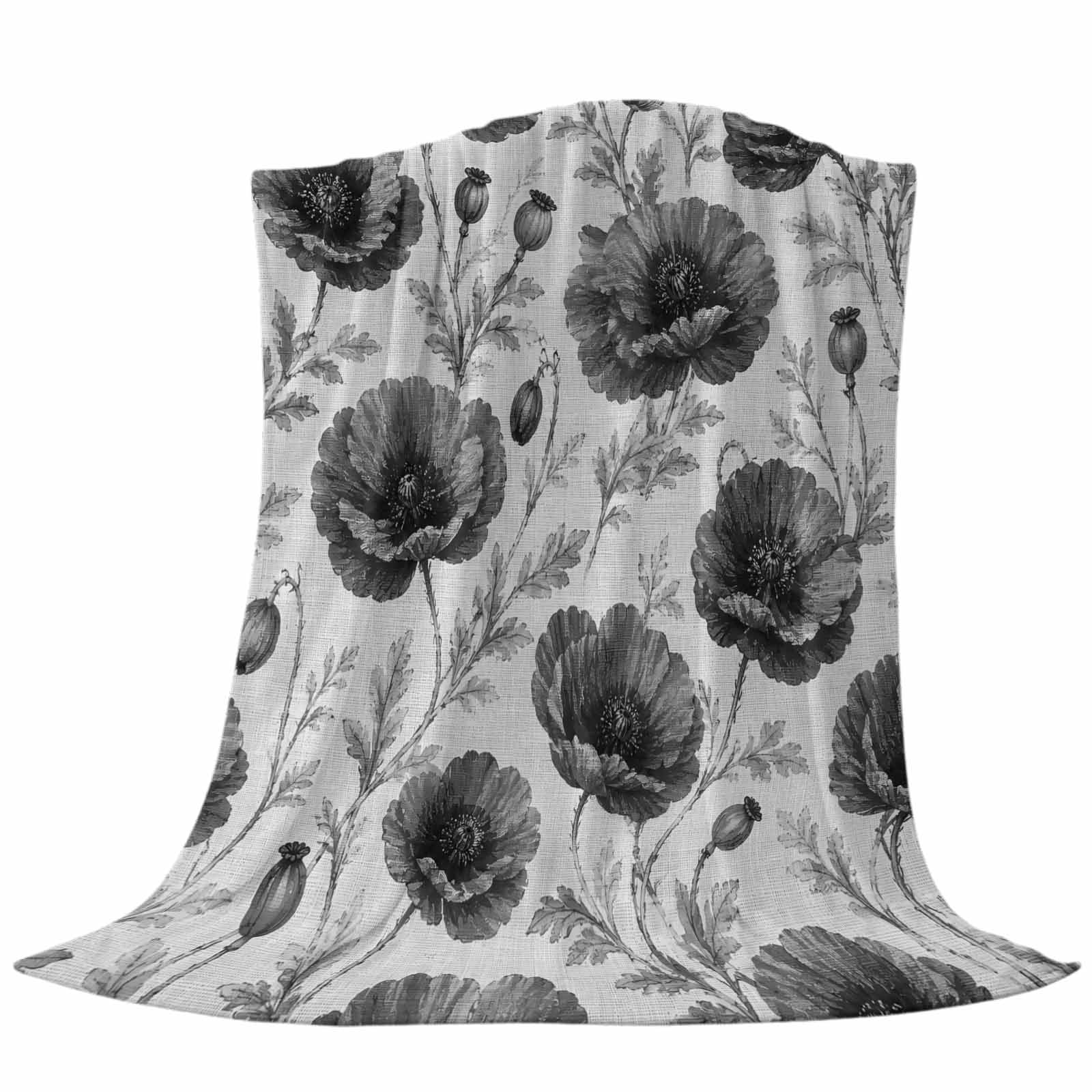 Country Floral Throw Flannel Blanket Grey Black Poppy Leaf Vintage ...