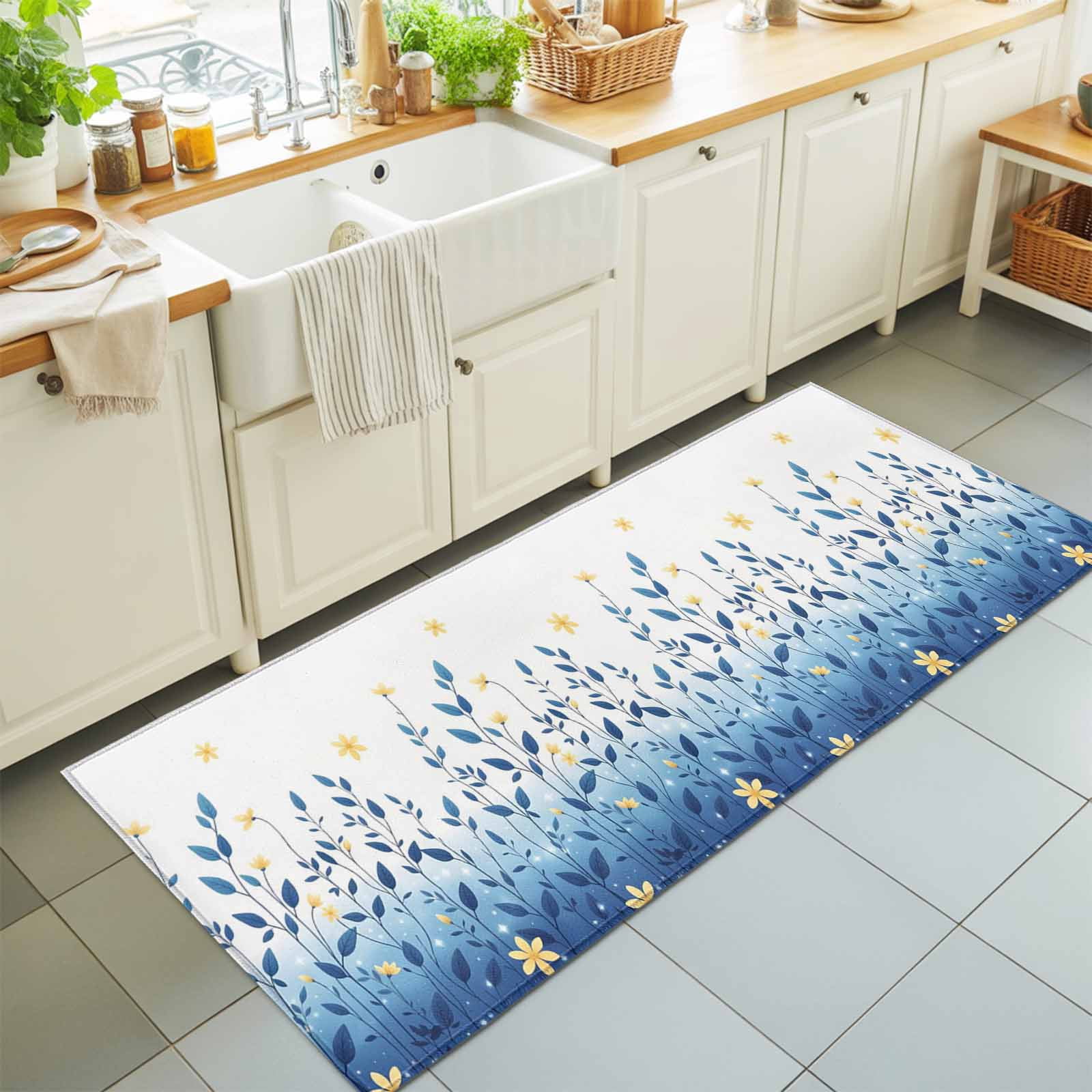 Country Flower Abstract Floral Leaves Rectangle Rug 2'x6' Blue Gradient ...