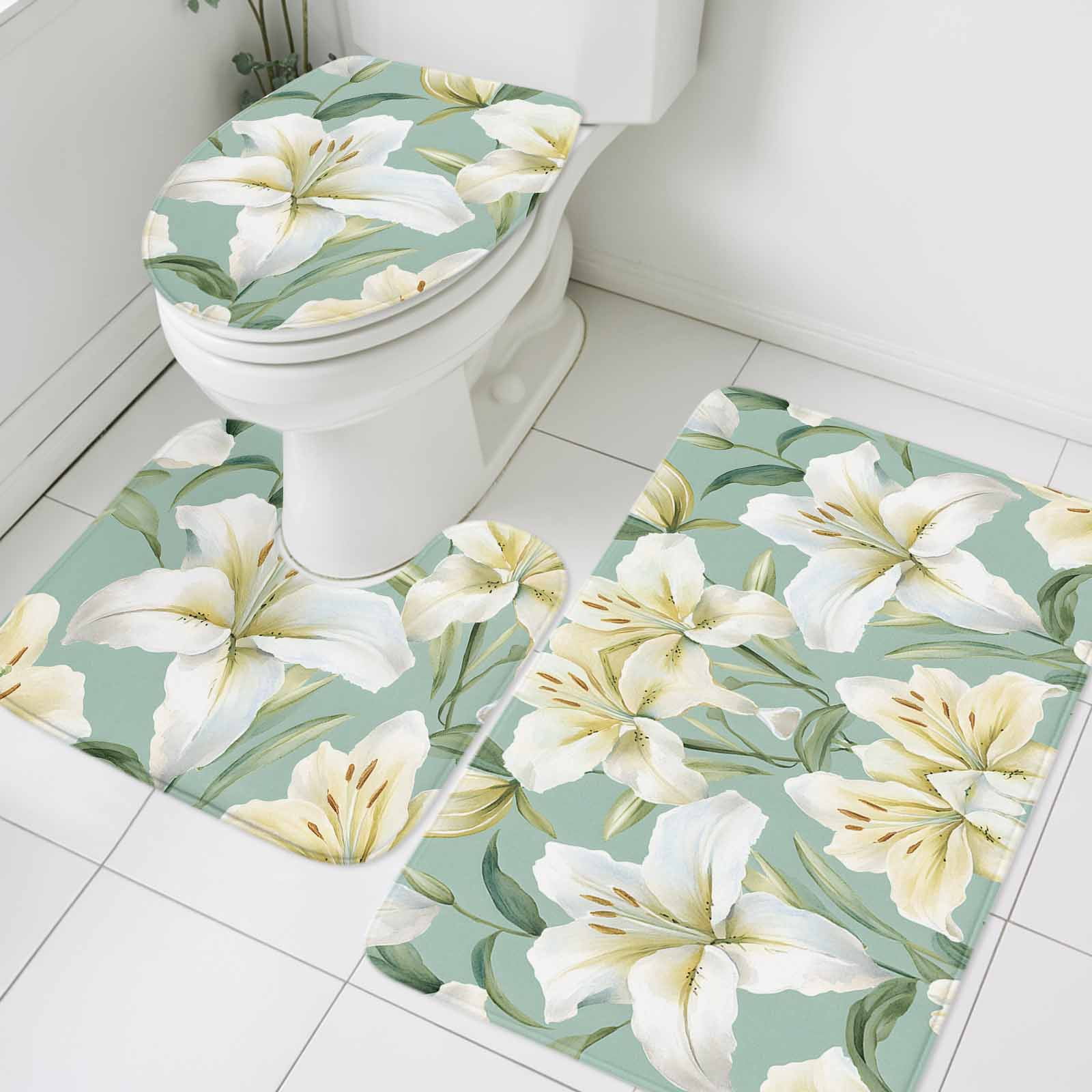 Country Flower Bathroom Rugs Set Vintage Watercolor White Floral Green ...