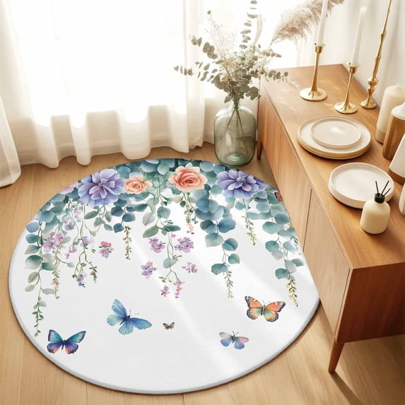 Country Flower Butterfly Eucalyptus Leaf Round Rug 3ft Fallen Leaves on ...