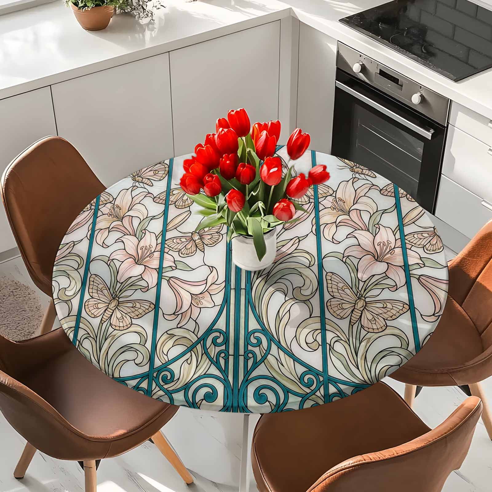 Country Flower Butterfly Round Fitted Tablecloth with Elastic Edge ...