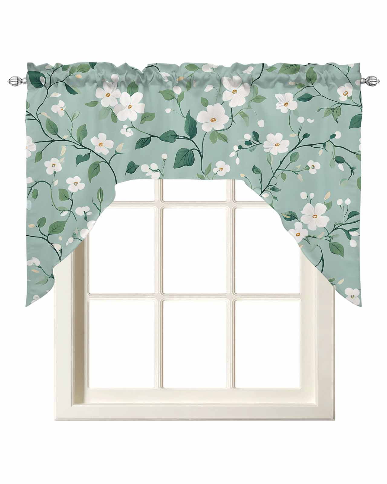 Country Flower Camellia Swag Valance and Tier Curtains Set Green Farm ...