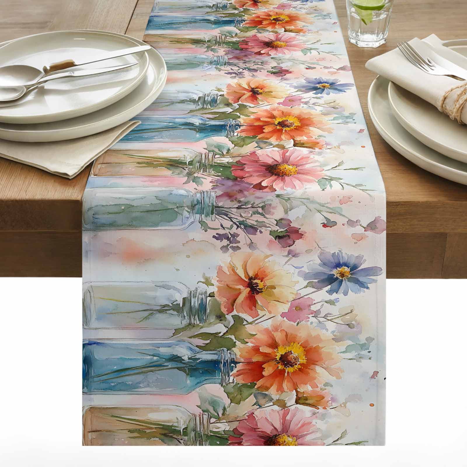 Country Flower Cotton Linen Table Runner Oil Painting Watercolor ...