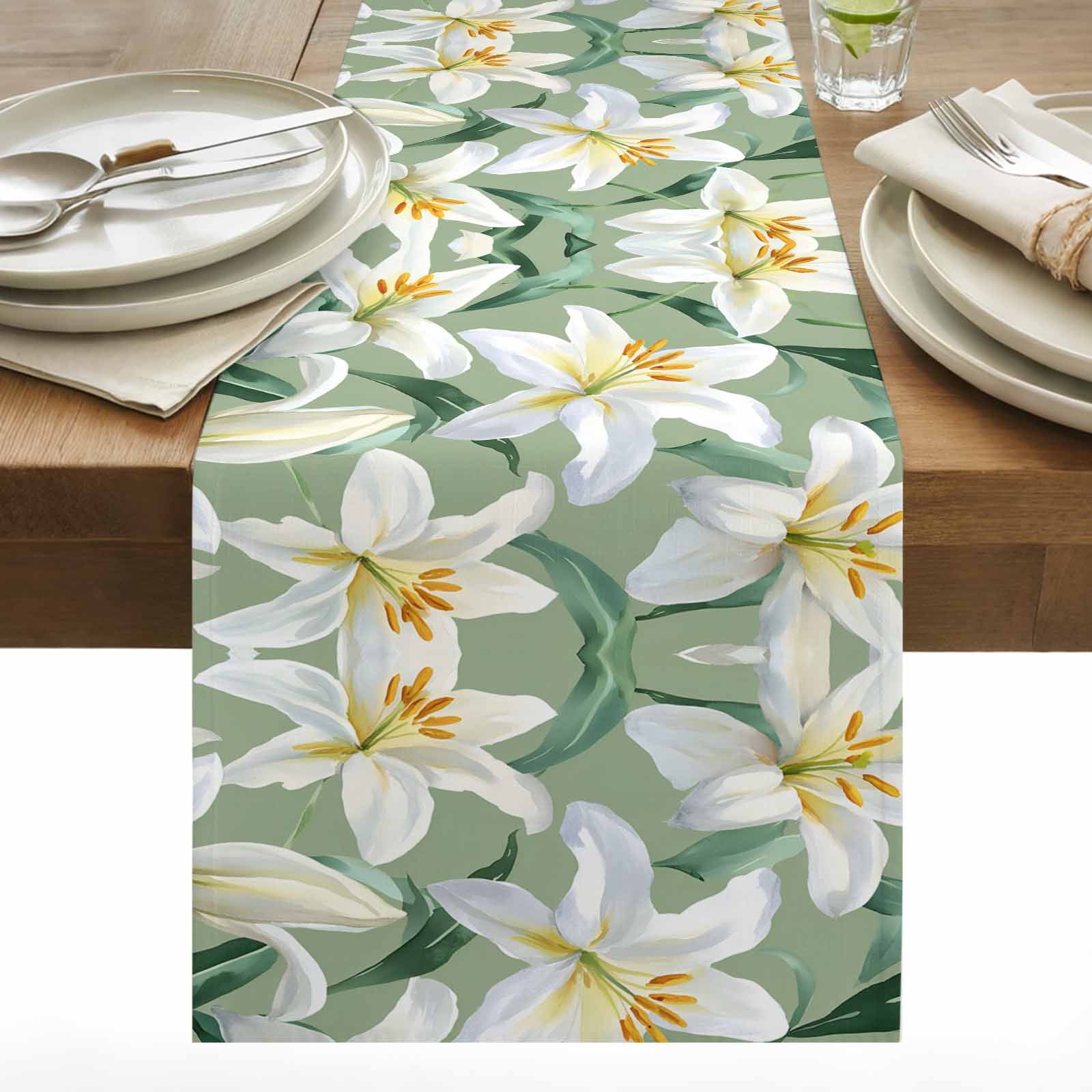 Country Flower Cotton Linen Table Runner Rustic Watercolor White ...