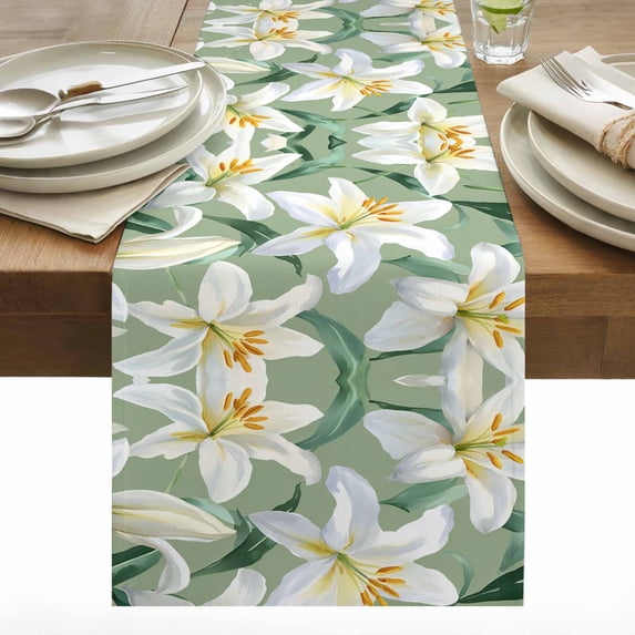 Country Flower Cotton Linen Table Runner Rustic Watercolor White ...