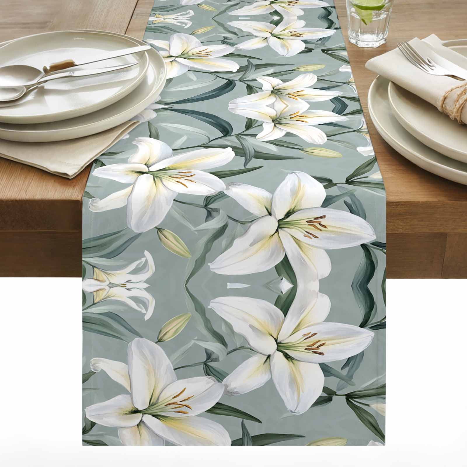 Country Flower Cotton Linen Table Runner Vintage Watercolor White ...