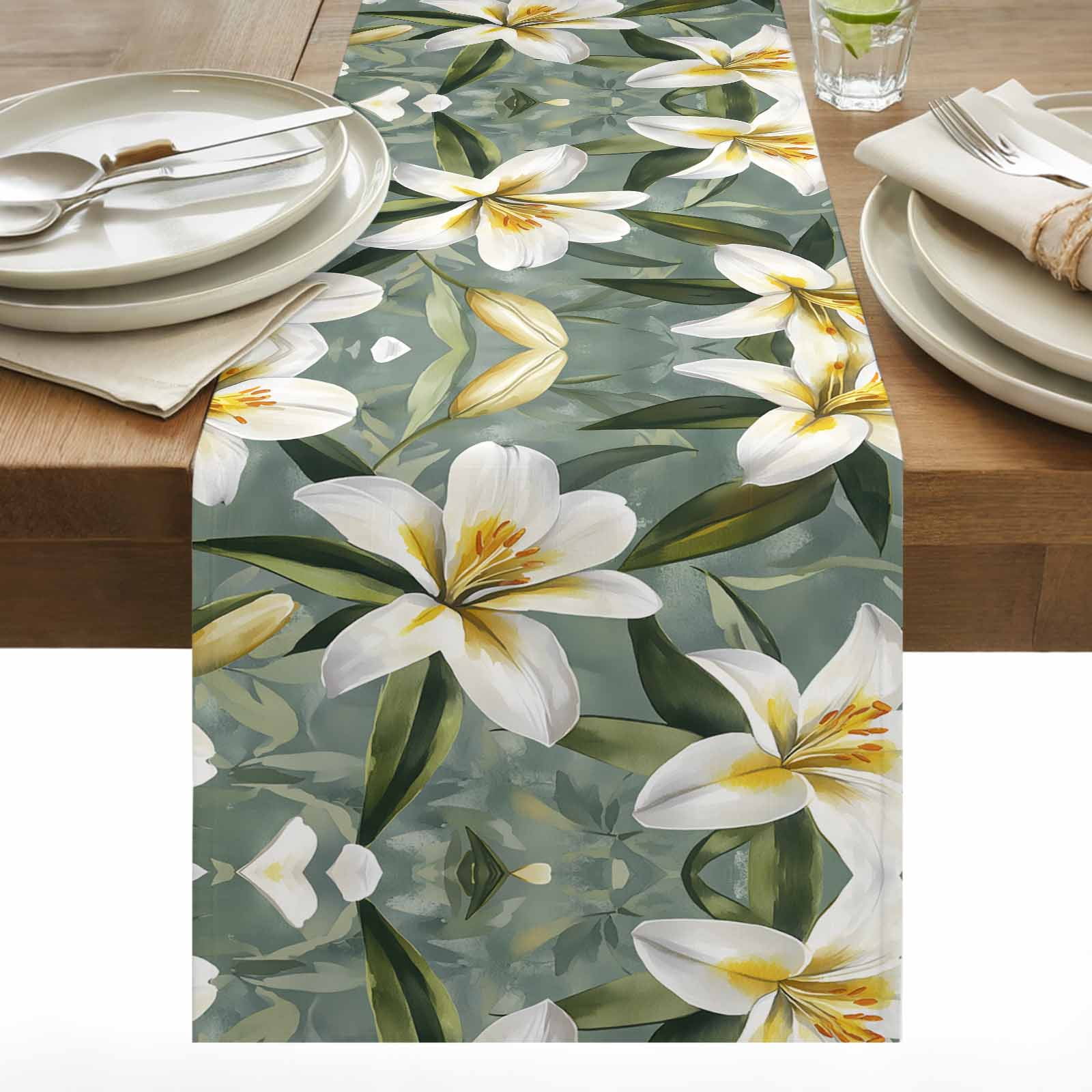 Country Flower Cotton Linen Table Runner Vintage Watercolor White ...