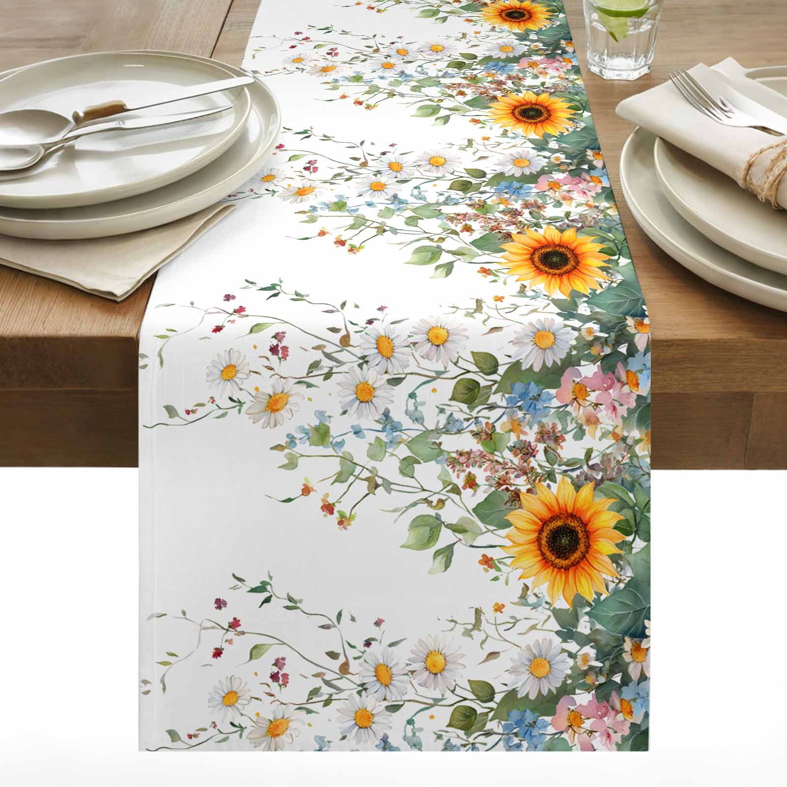 Country Flower Cotton Linen Table Runner Watercolor Yellow Sunflower ...