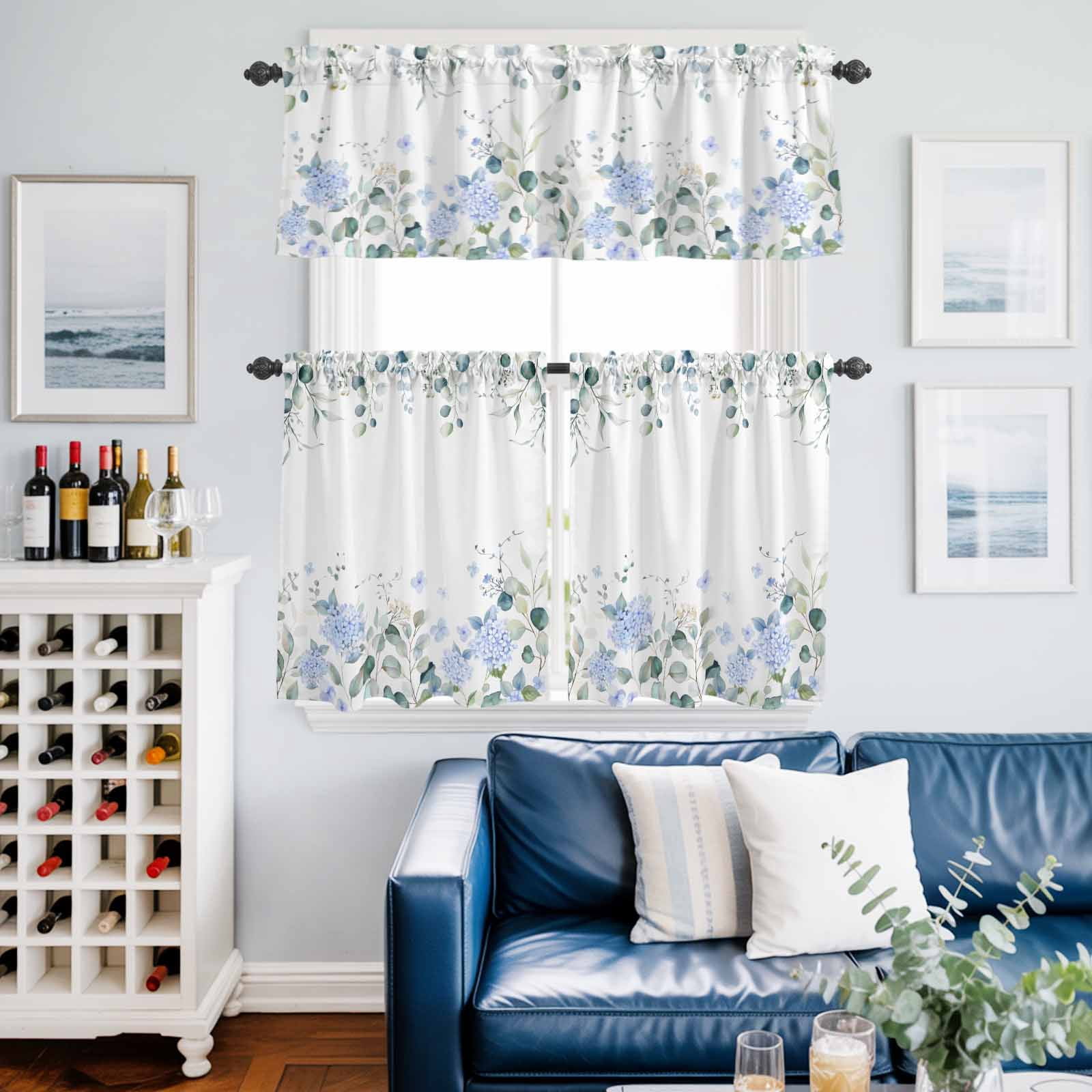 Country Flower Eucalyptus Leaf Curtain Tier and Valance Set 3 Piece ...