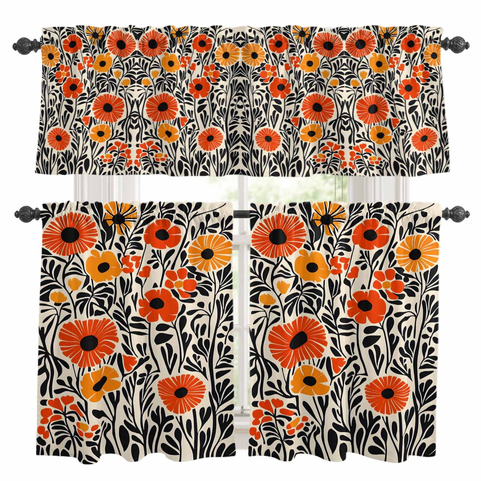 Country Flower Kitchen Curtains Set for Windows, Watercolor Red Yellow ...