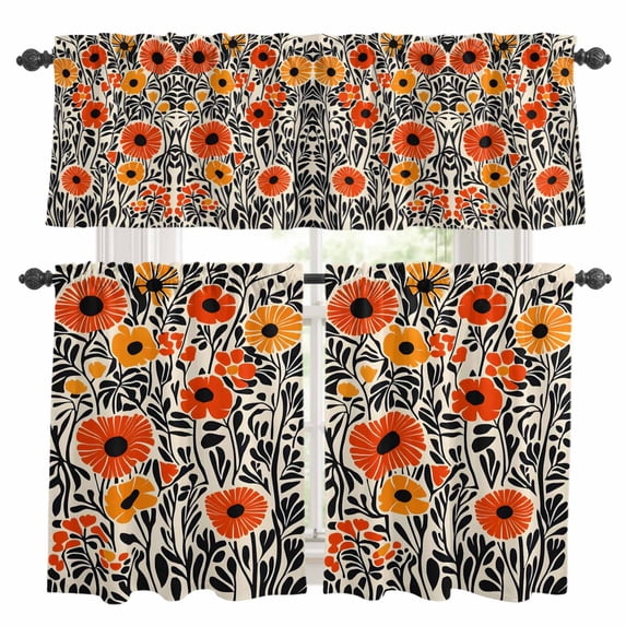 Country Flower Kitchen Curtains Set for Windows, Watercolor Red Yellow ...