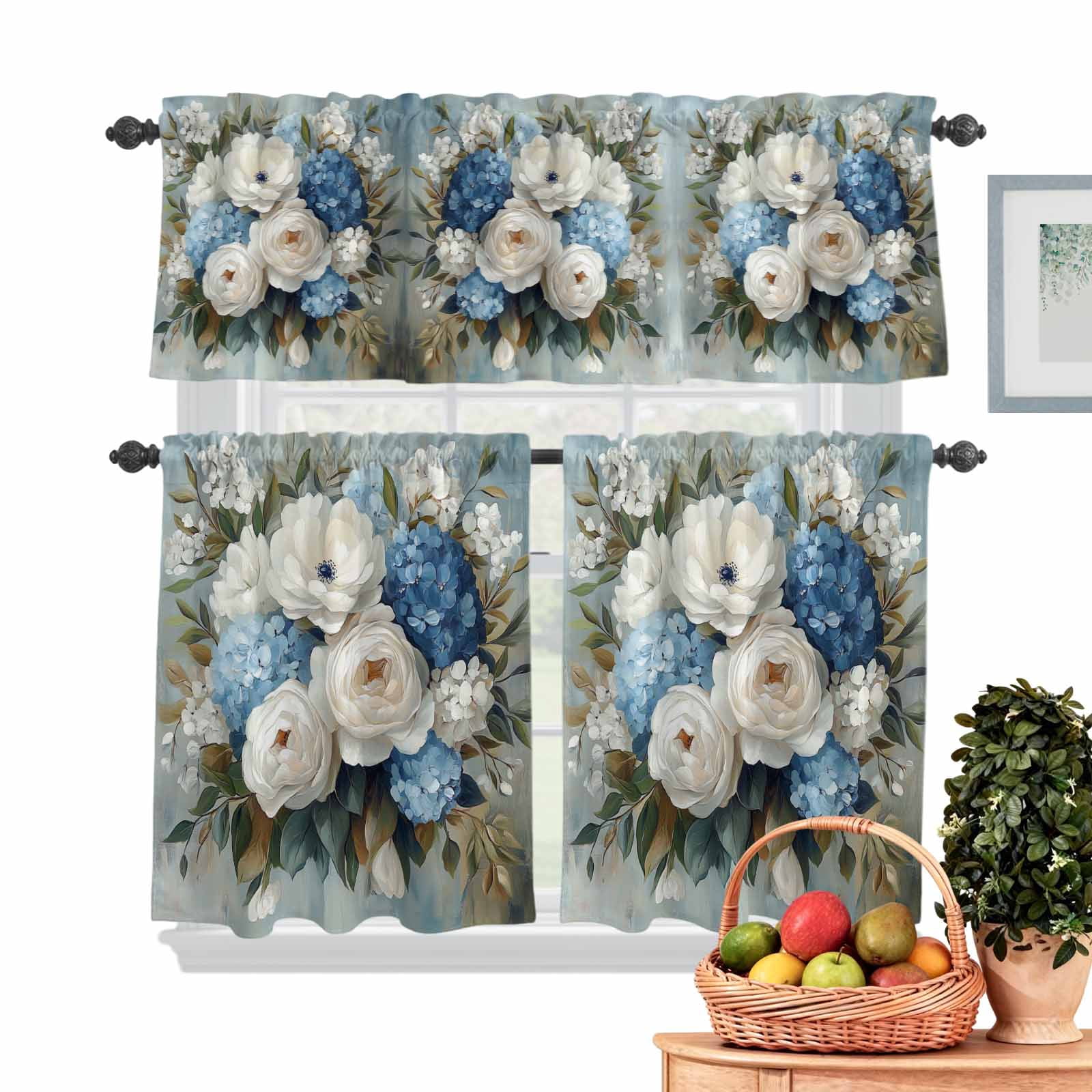 Country Flower Kitchen Curtains Valances 3 Piece Set, Blue White ...