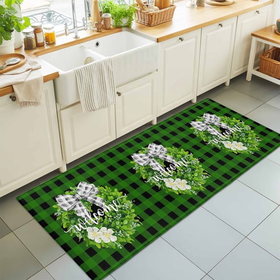 Country Flower Leaf Bow Rectangle Rug 2'x6' Green Black Buffalo Plaid ...