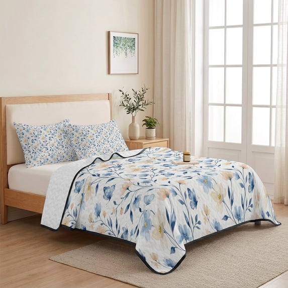 Country Flower Leaf Seamless 3 Pieces Quilt Set,1 Quilt with 2 Shams ...