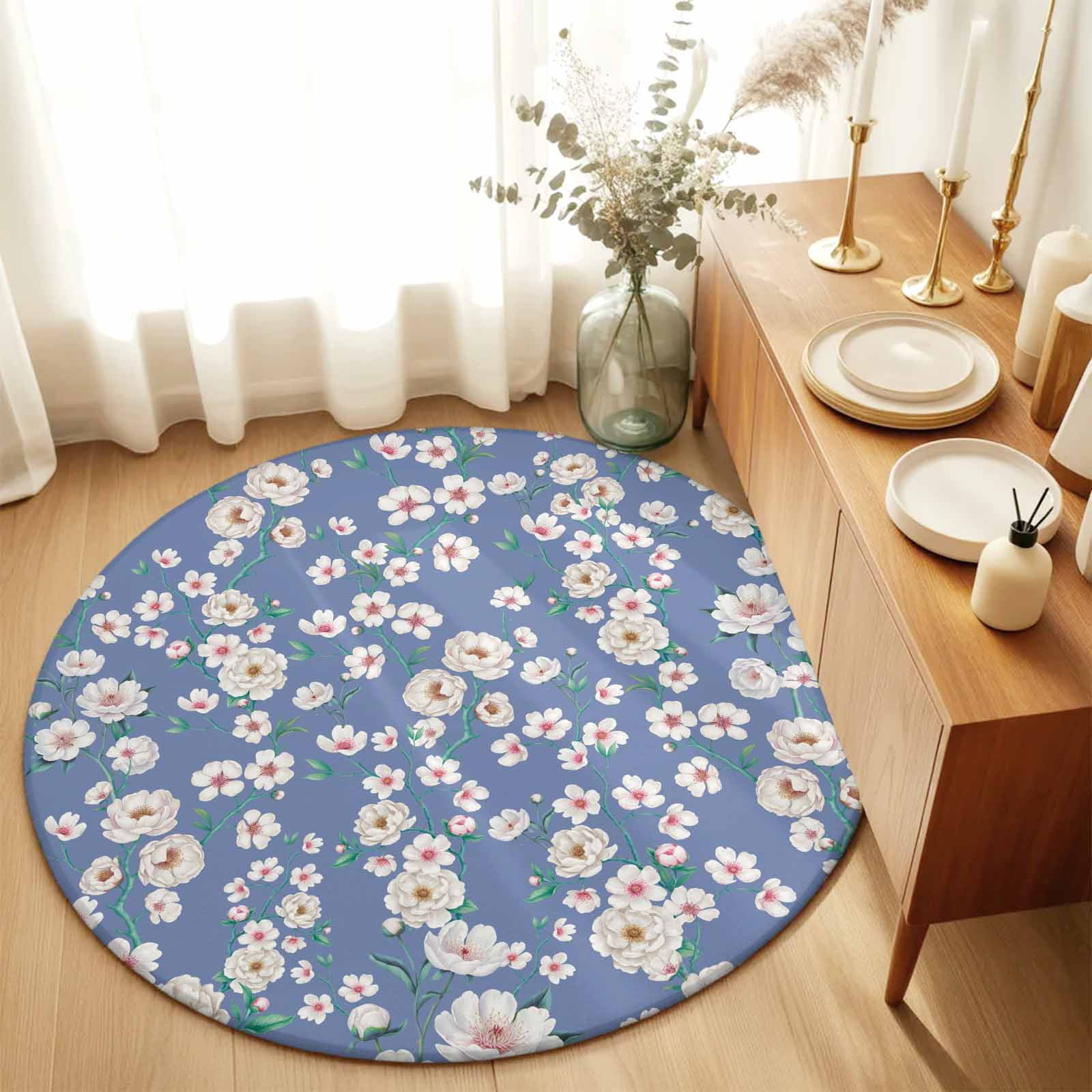 Country Flower Leaf Seamless Round Rug 3ft Farmhouse Floral on Blue ...