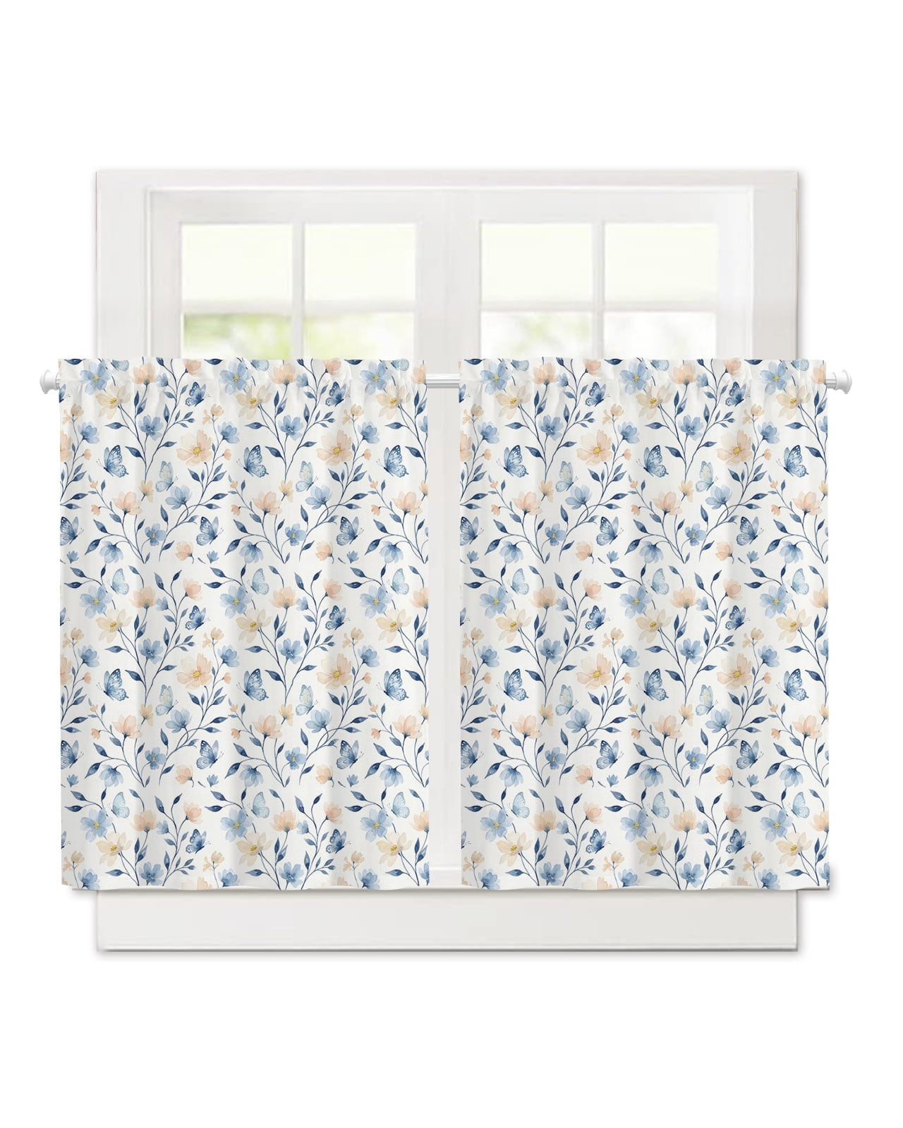 Country Flower Leaf Seamless Short Blackout Curtains 45 Inch Long,Blue ...