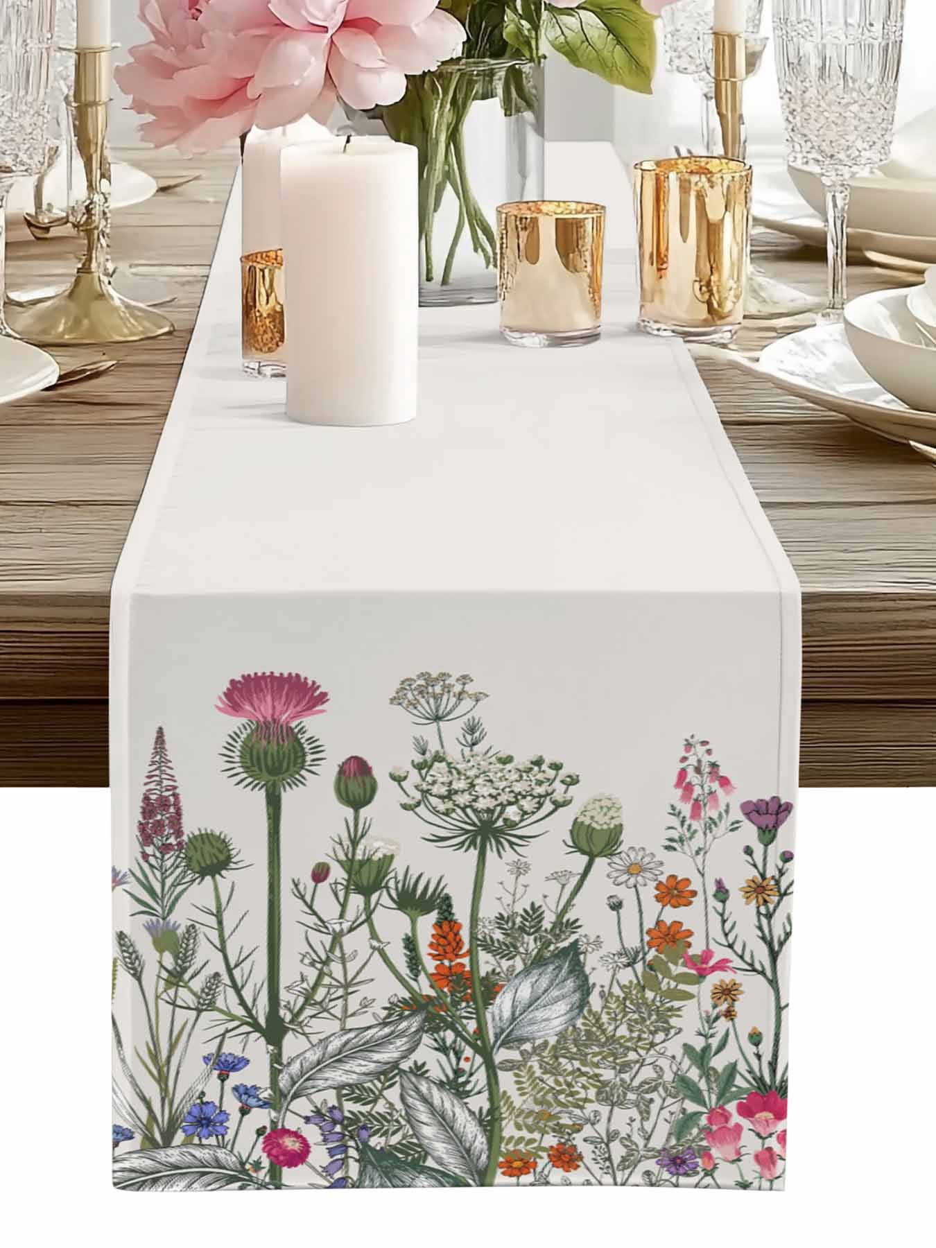 Country Flower Leaf Wildflowers Table Runner-60 Inch Long Green Plant ...