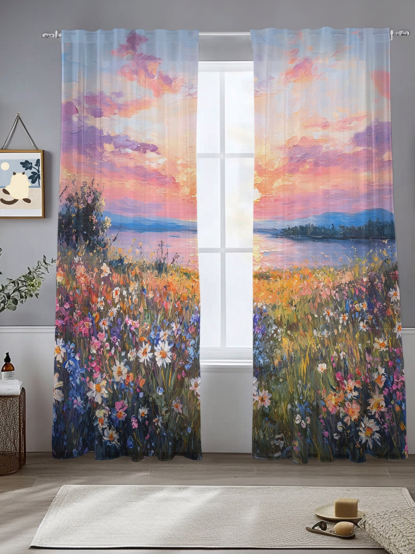 Country Flower Meadow Sunset at Sea Chiffon Sheer Curtains 84 Inches ...