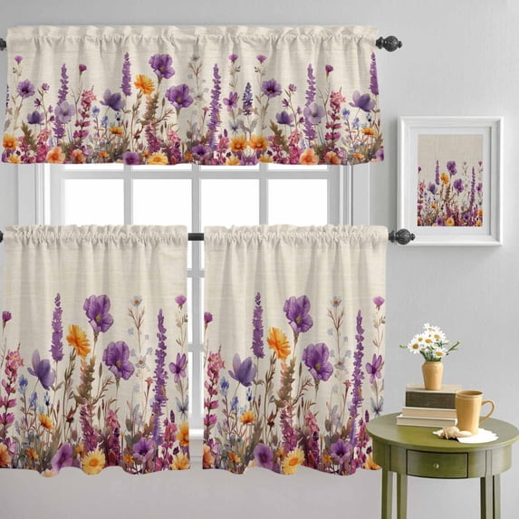 Country Flower Purple Lavender Plant Curtain Tier and Valance Set 3 ...