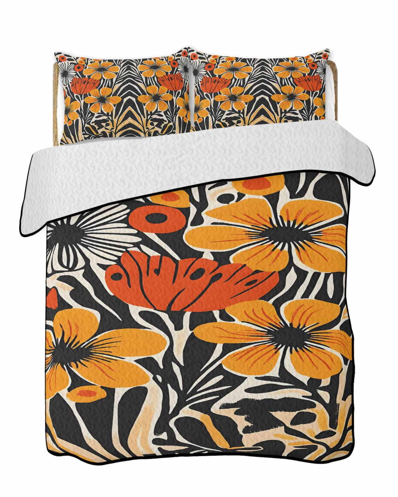 Country Flower Quilts Bedding Set Queen Size Rustic Watercolor Orange ...