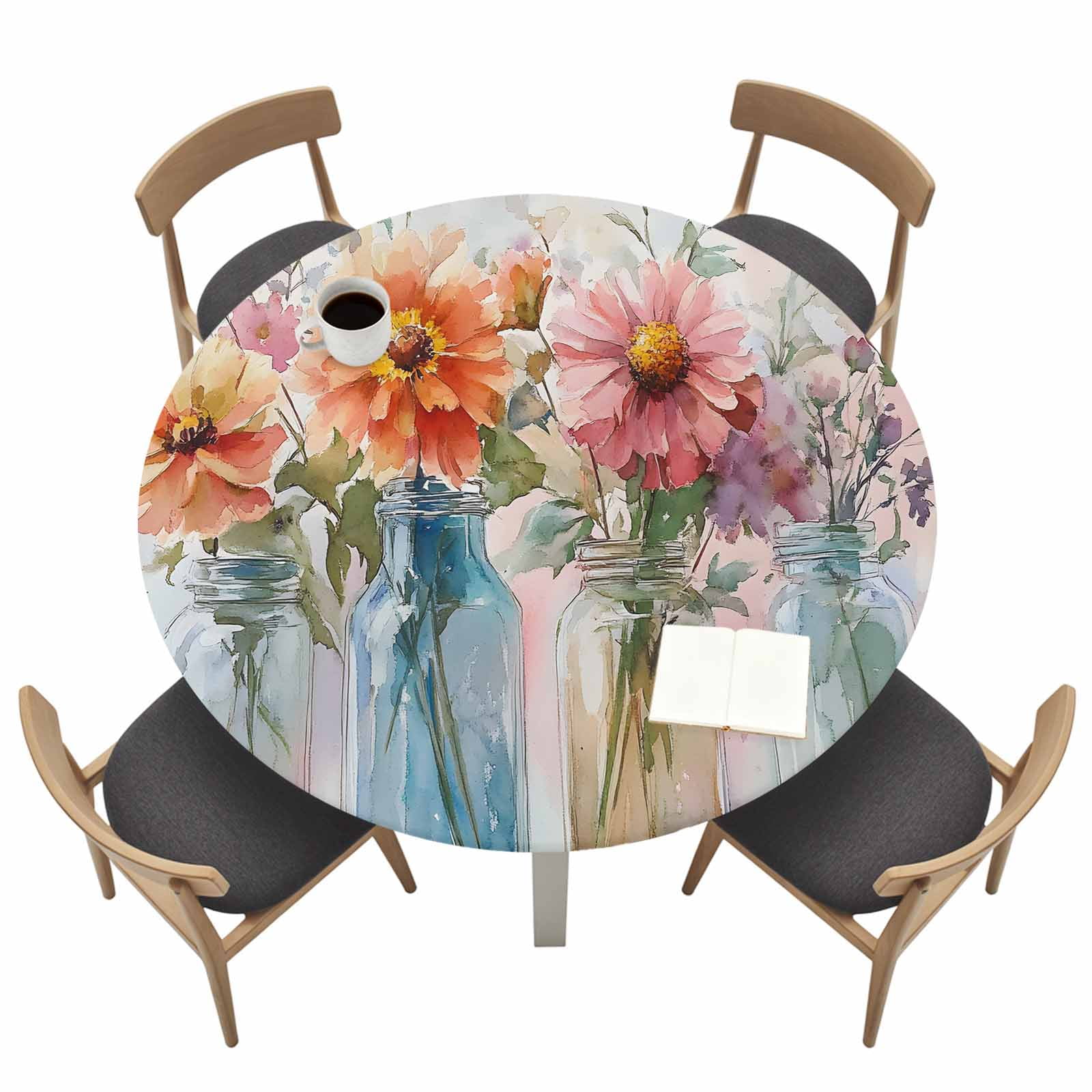 Country Flower Round Fitted Tablecloth with Elastic Edge Oil Painting ...
