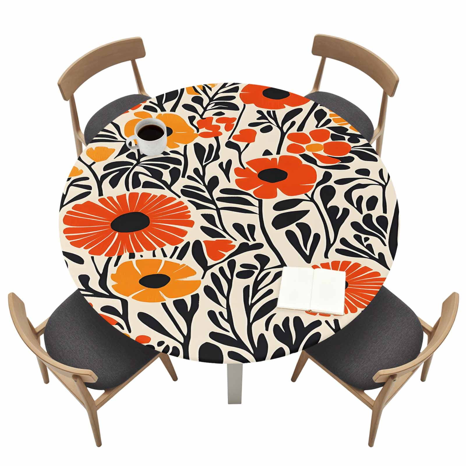 Country Flower Round Fitted Tablecloth with Elastic Edge Watercolor Red ...