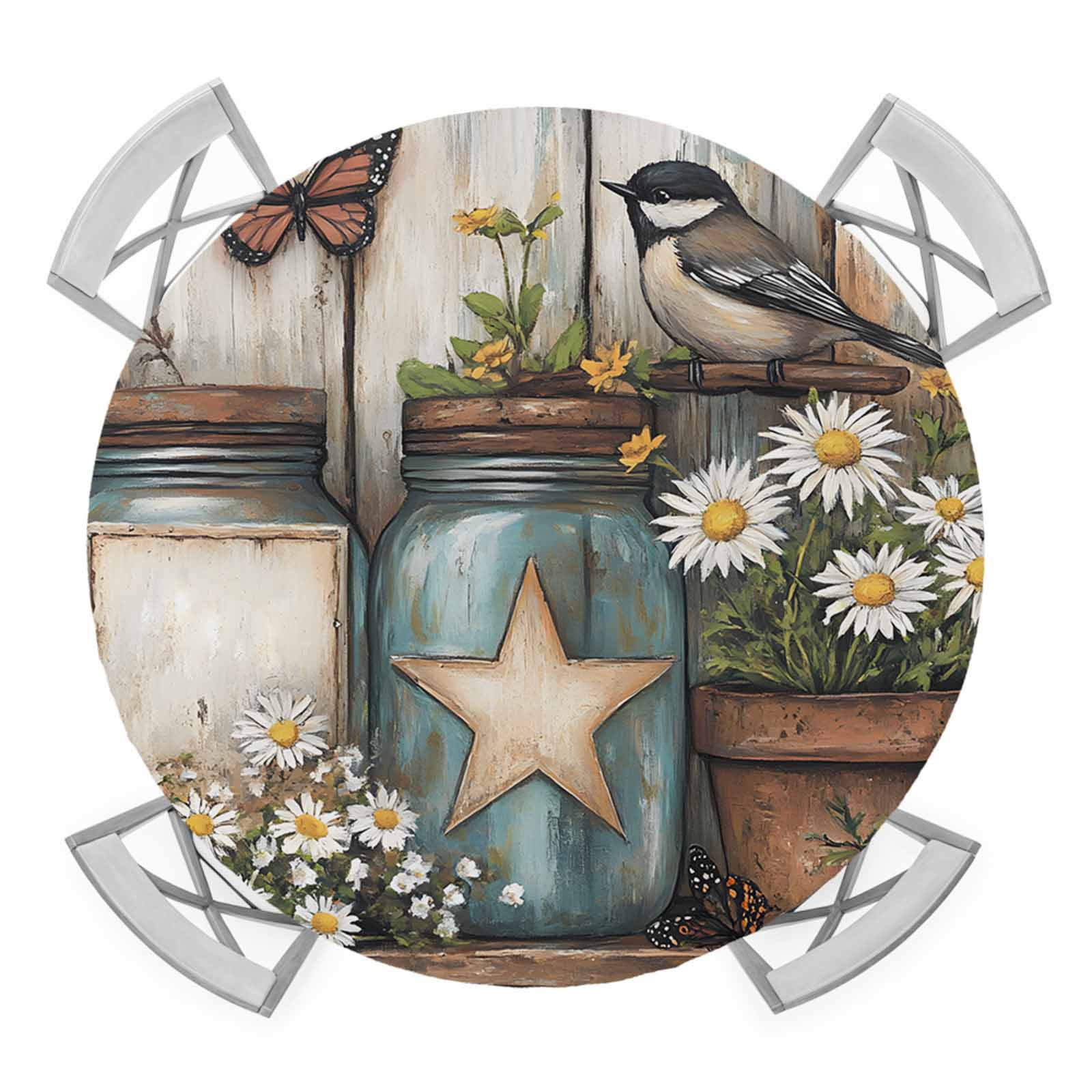 Country Flower Round Tablecloth for 55-60 Inch Tables,Fitted Table ...