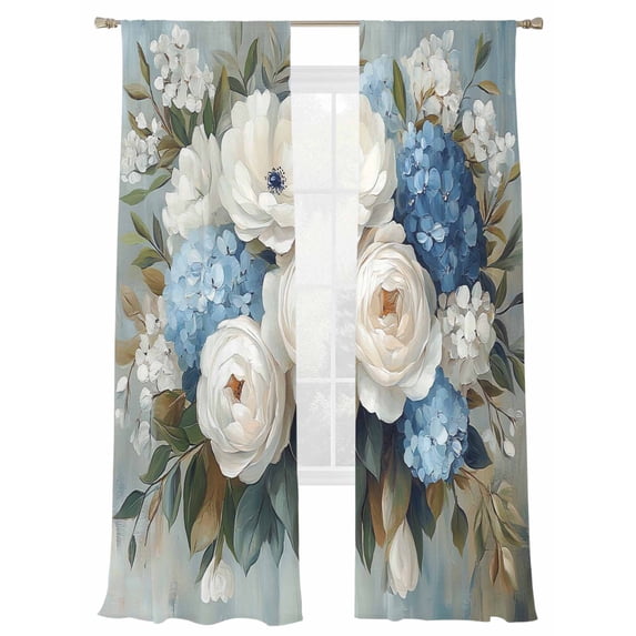 Country Flower Sheer Curtains 2 Panels Set Blue White Hydrangeas Peony ...