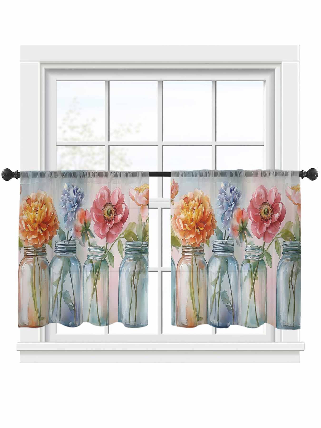 Country Flower Sheer Curtains 2 Panels Set Oil Painting Watercolor Red ...