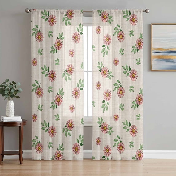 Country Flower Sheer Curtains 63 Inch Length 2 Panels Set, Pink Daisy ...