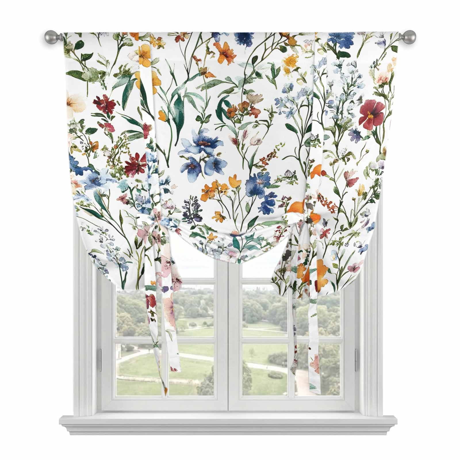 Country Flower Tie Up Curtain 45 Inches Long, Spring Watercolor ...