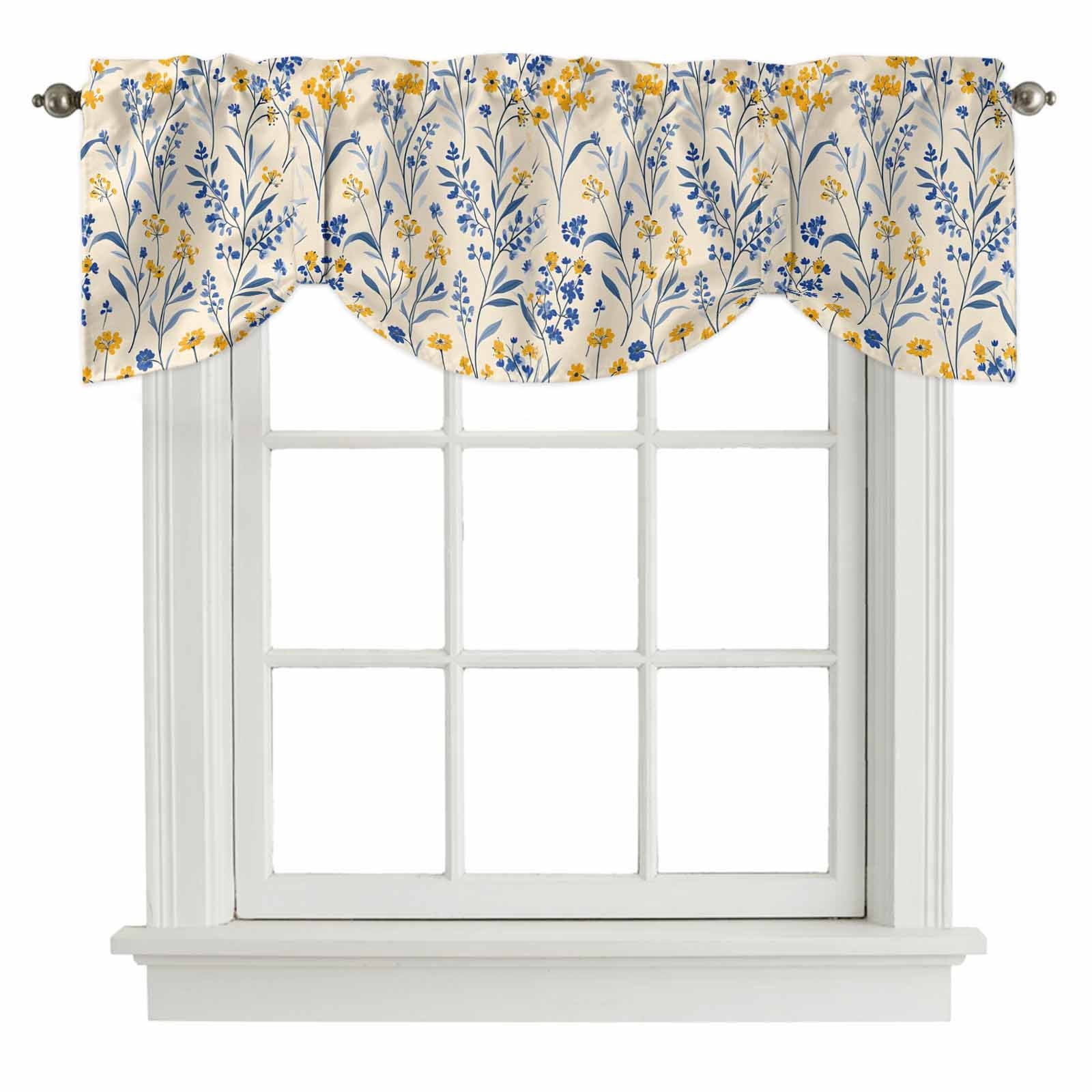 Country Flower Tie Up Valance for Windows, Watercolor Yellow Blue ...